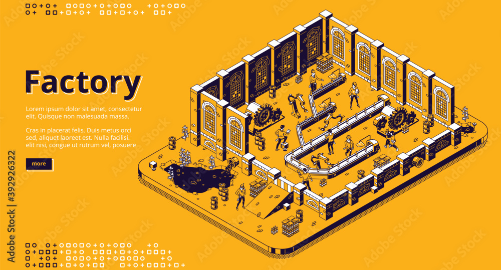 Vetor de Factory isometric landing page, people work on assemble line ...