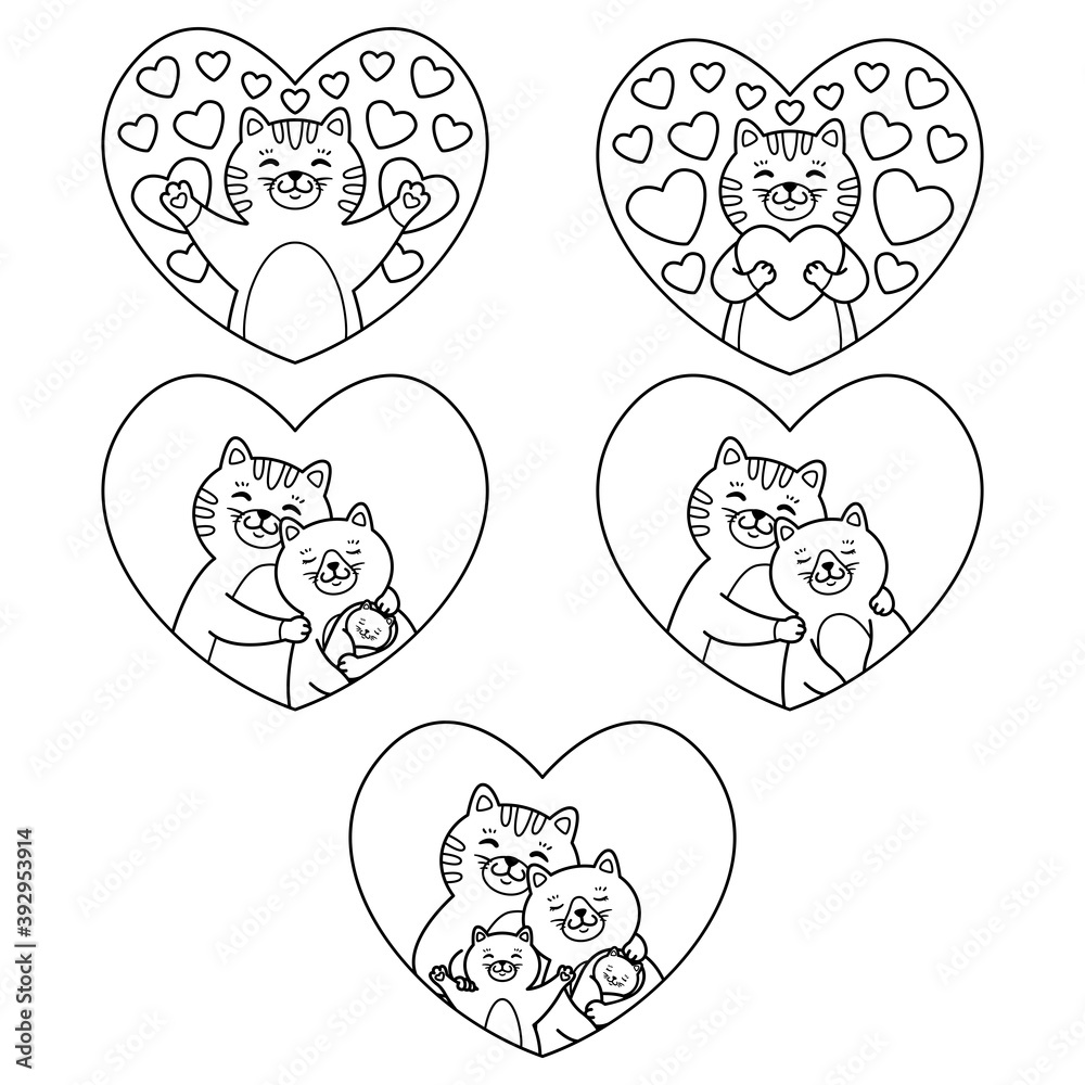 Cats family mother, father, child and newborn baby hug in heart. Tomcat ...