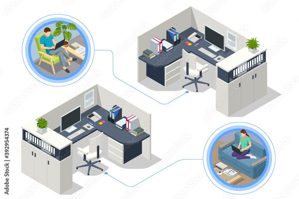 Isometric massive computer table with desktop and chair, office ...