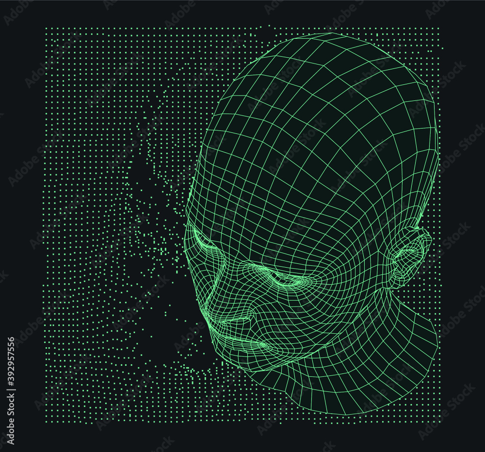 Silhouette of a human head and surface made of dots and particles ...