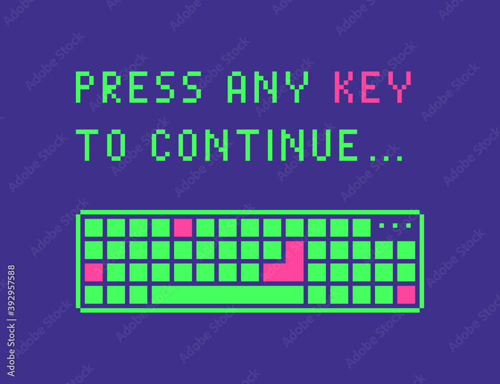 Press any key to continue web page banner in pixel art style. Stock ...