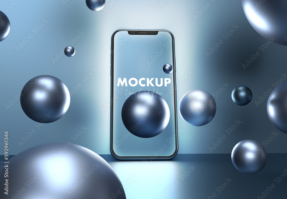 Shiny Smartphone Side View Blue Spheres Mockup Stock Template | Adobe Stock