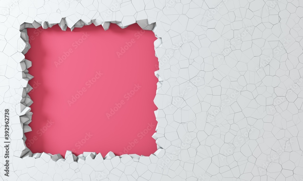 3D rendering - white background simulating a hole in the wall. Broken ...