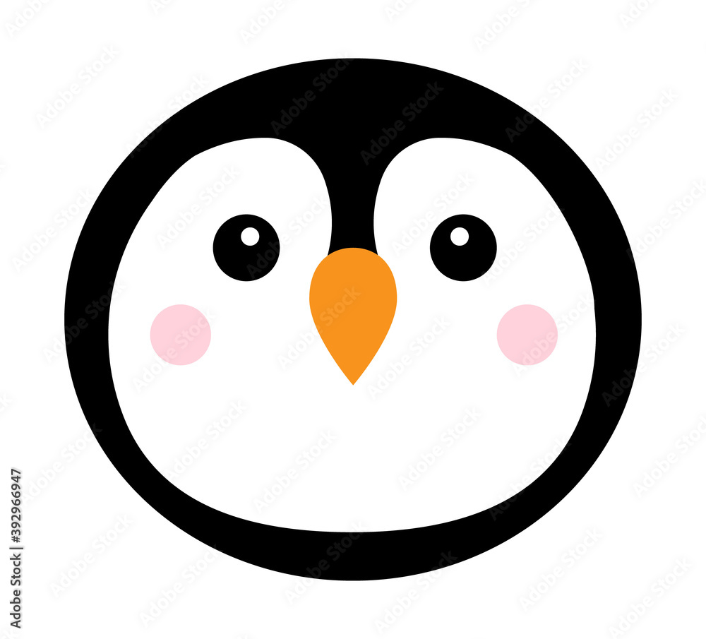 Vector flat cartoon round penguin face isolated on white background ...