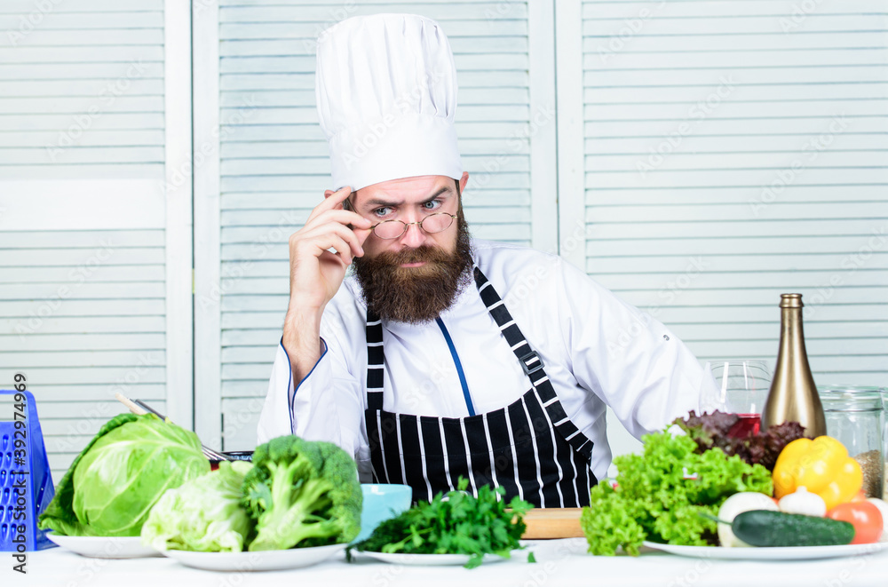 Culinary challenge. Chef handsome hipster. Get ready. Man bearded chef ...