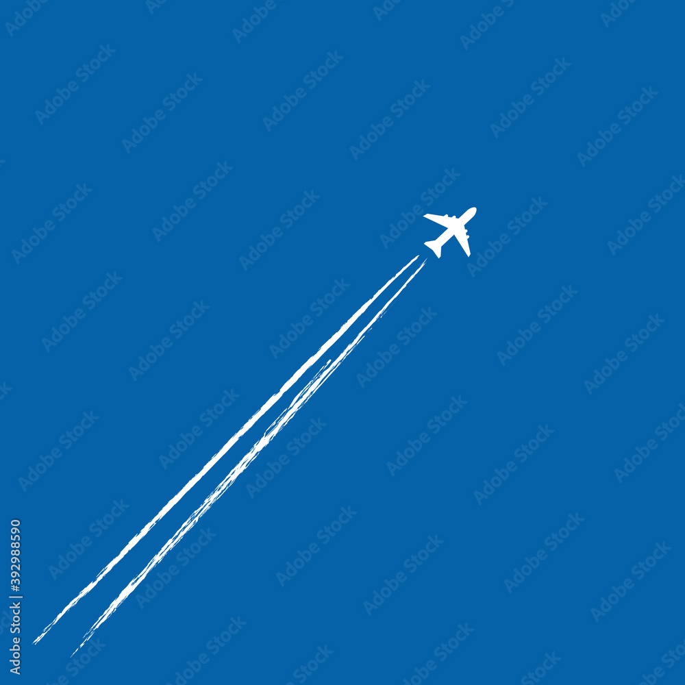 Jet plane flying in the blue sky, leaving vapor trails behind in flight ...