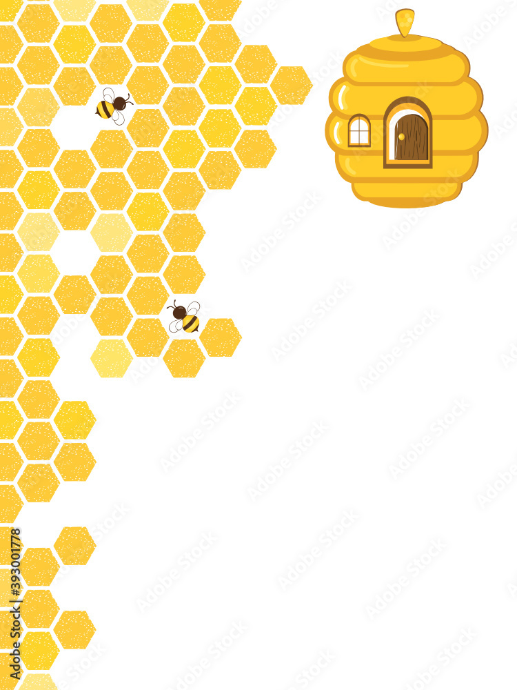 Honeycomb with hexagon grid cells, flying bee cartoon and bee house ...