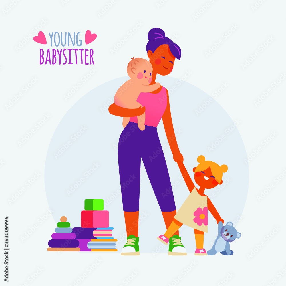 Babysitter nanny with baby and girl, mom and kids, cartoon characters ...