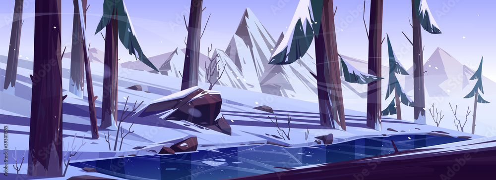 Winter forest with frozen pond. Nature landscape background with ...