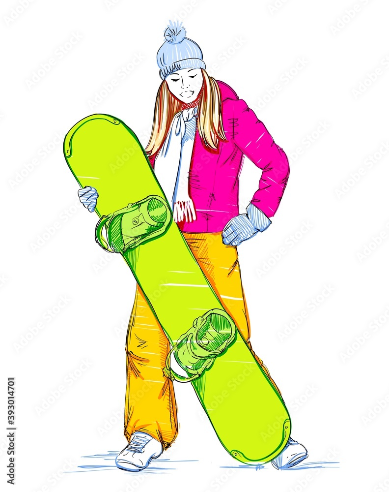 Sketch of Snowboarder Woman on a White Background Isolated. Vector ...