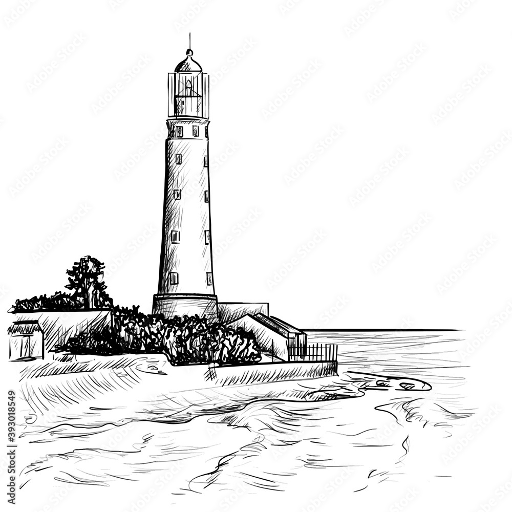 Vector hand drawing of lighthouse, seascape and nature drawing ...