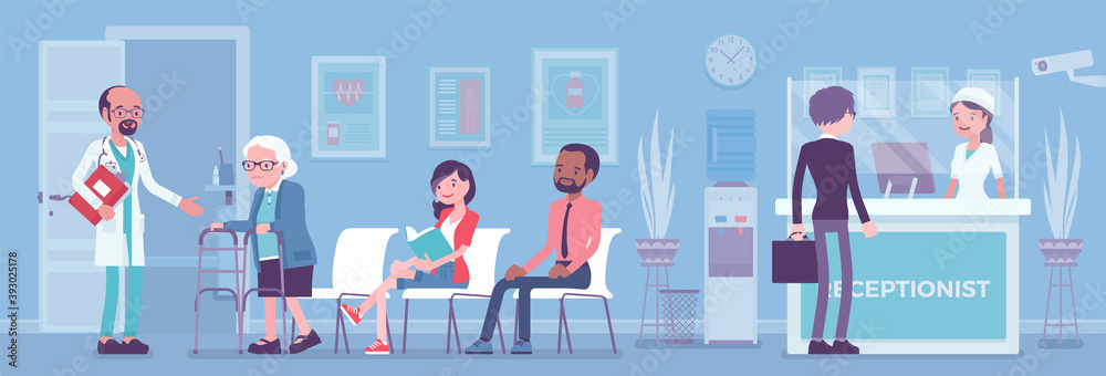 Hospital reception work in hall to help, assist patient. Clinic or ...