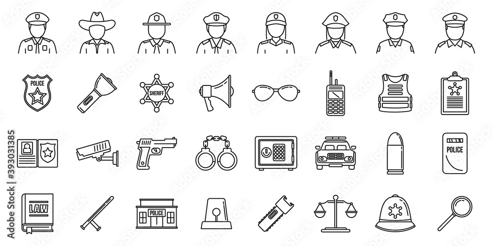 Guard policeman icons set. Outline set of guard policeman vector icons ... Guard policeman icons set. Outline set of guard policeman vector icons ...