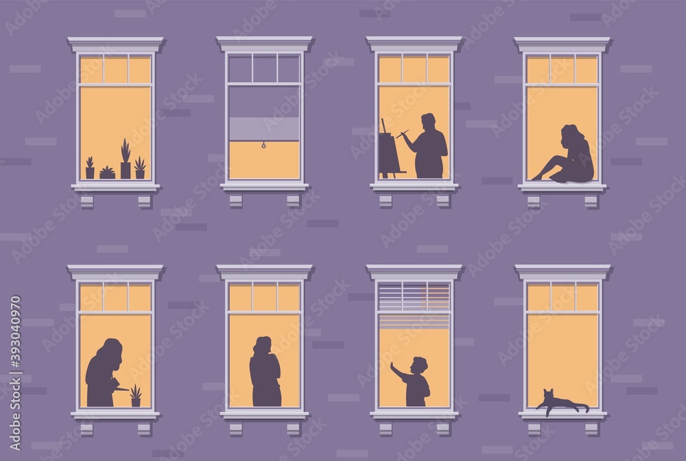 Neighbor characters. Windows with people stay at home, silhouettes of ...