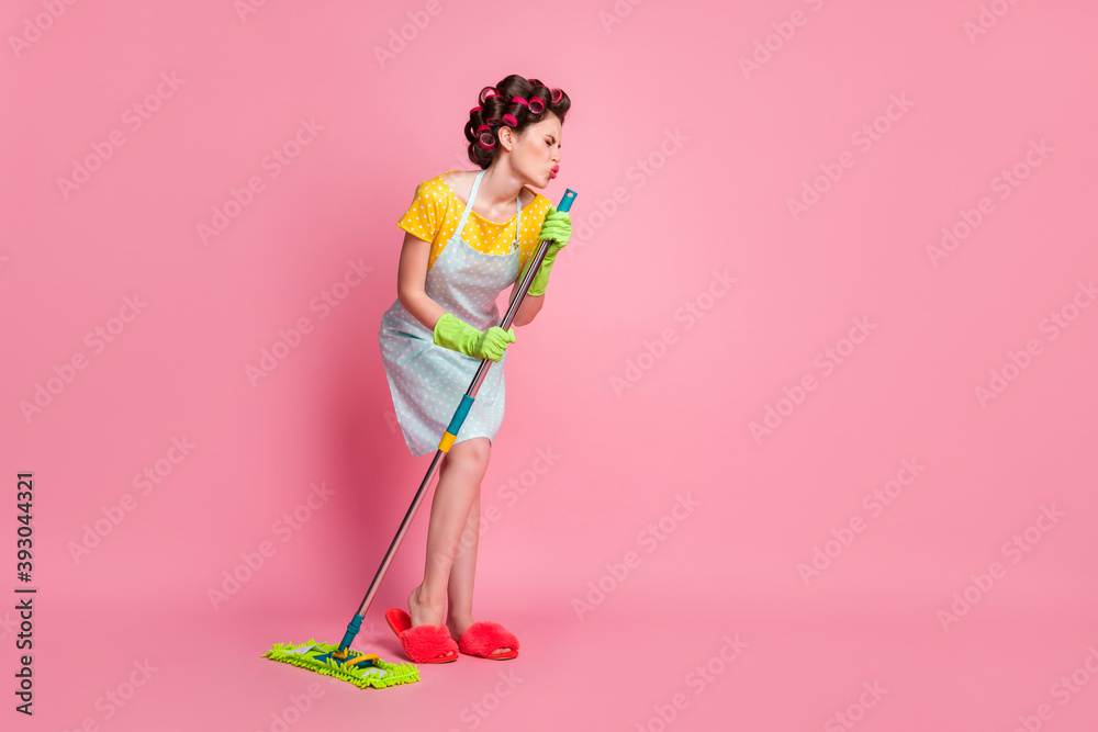 Full length body size view of attractive crazy cheerful maid singing ...
