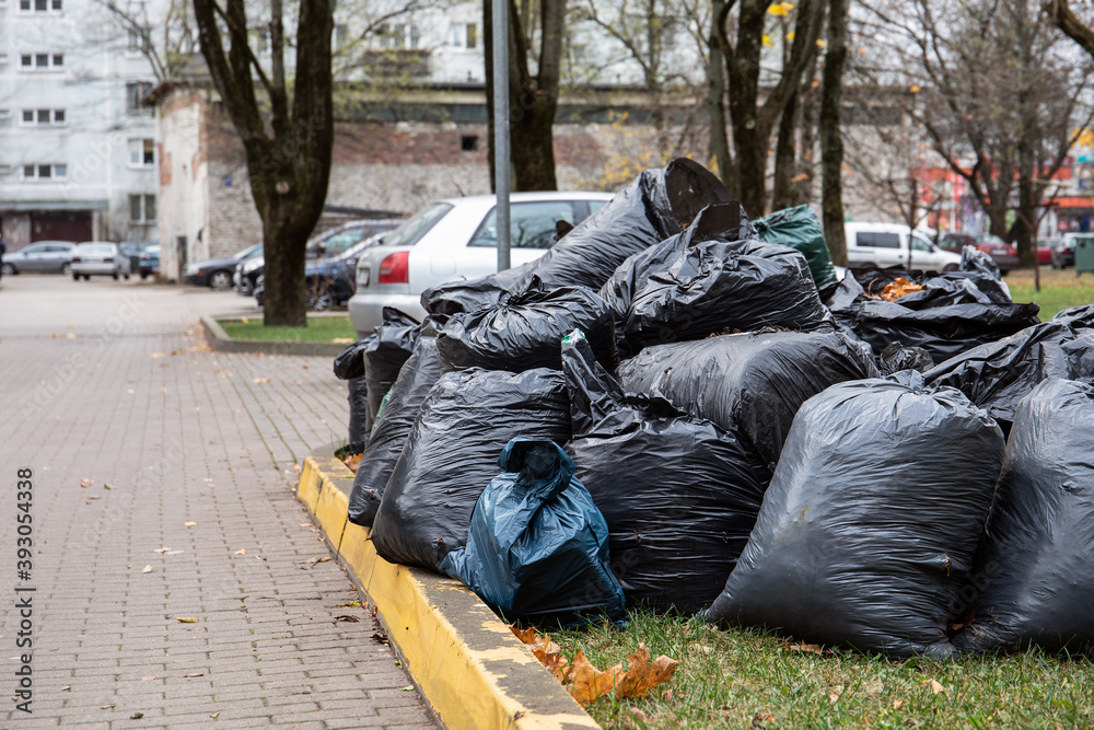 Stack of garbage bag or bin bag. Waste sorting, tidy and clean ...