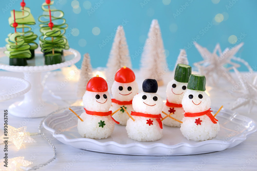 Snowman rice balls with tomato, cucumber, black olive, seaweed, fried ...