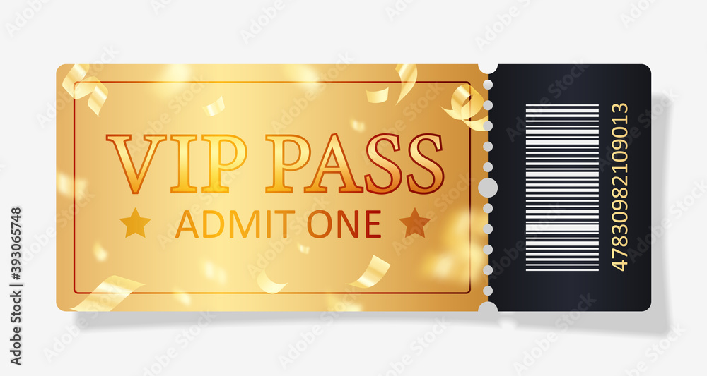 Gold ticket VIP pass, admit one for concert, party, cinema, theatre ...