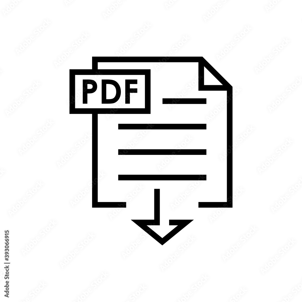 Icono documento con etiqueta pdf y flecha con lineas en color negro ...