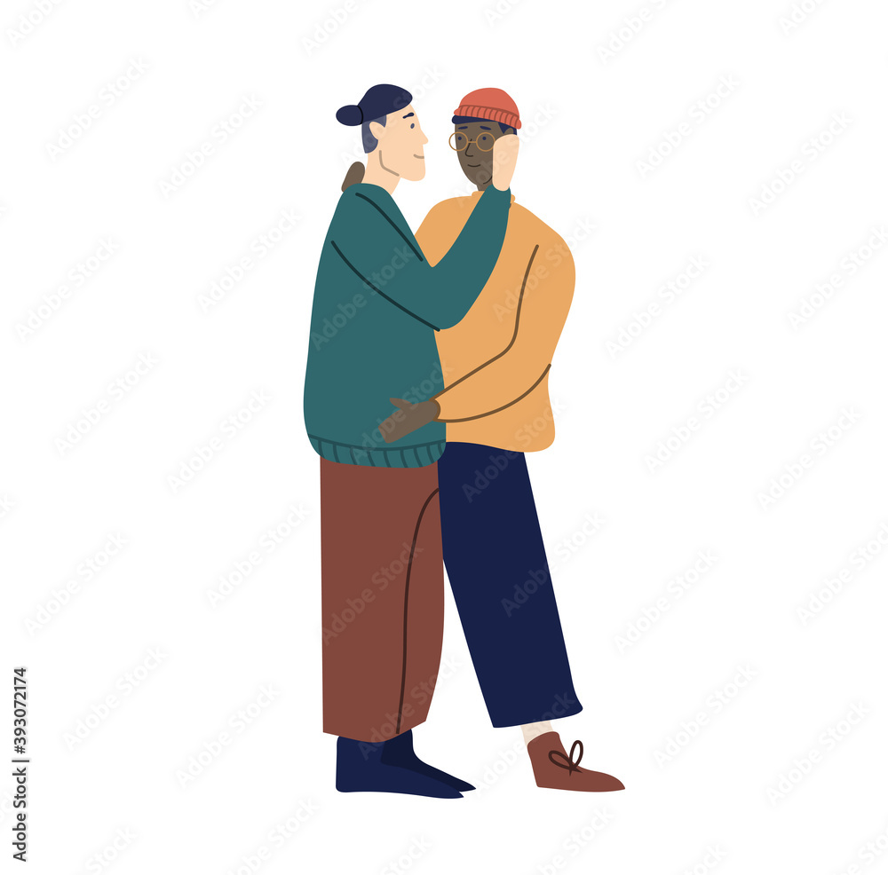 Cute homosexual couple hug and kiss each other. African American ...