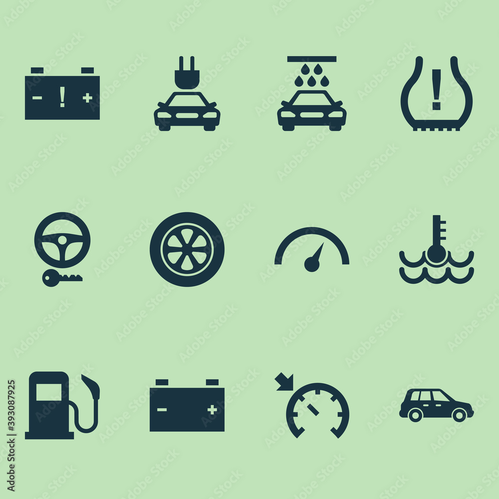 Auto icons set with fuel, electric car, crossover and other warning ...