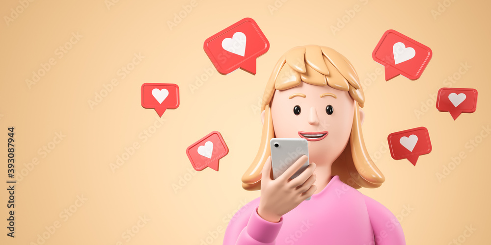 Cartoon blonde woman smile and hold smartphone with like notifications ...