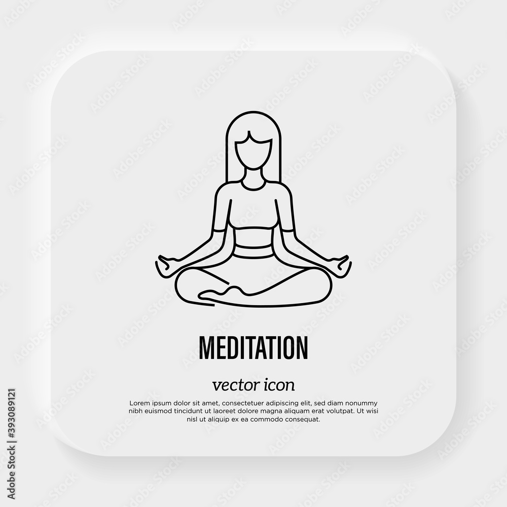 Meditation symbol, inner balance, yoga school. Young girl in lotus pose ...