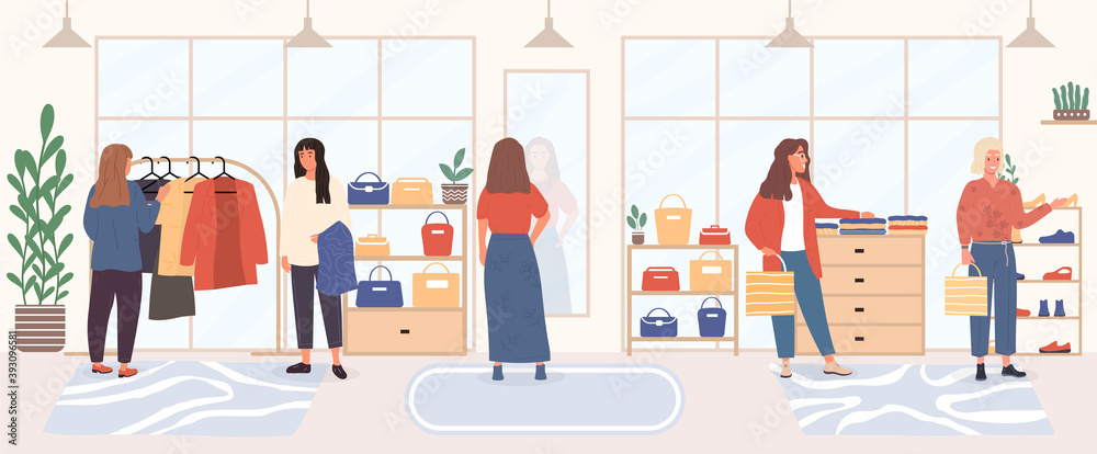 Swap party concept. Women choosing trendy clothing, shoes, accessories ...