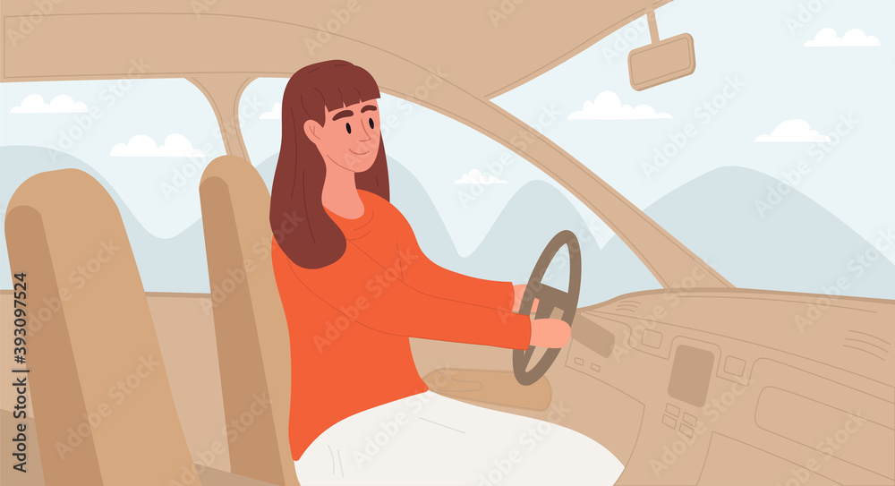 Woman driving car. Road trip concept. Car travelling, vacation, journey ...