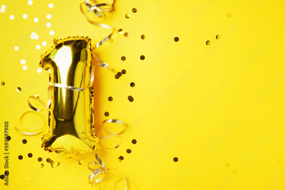 Gold foil balloon number and digit one 1. Birthday greeting card ...