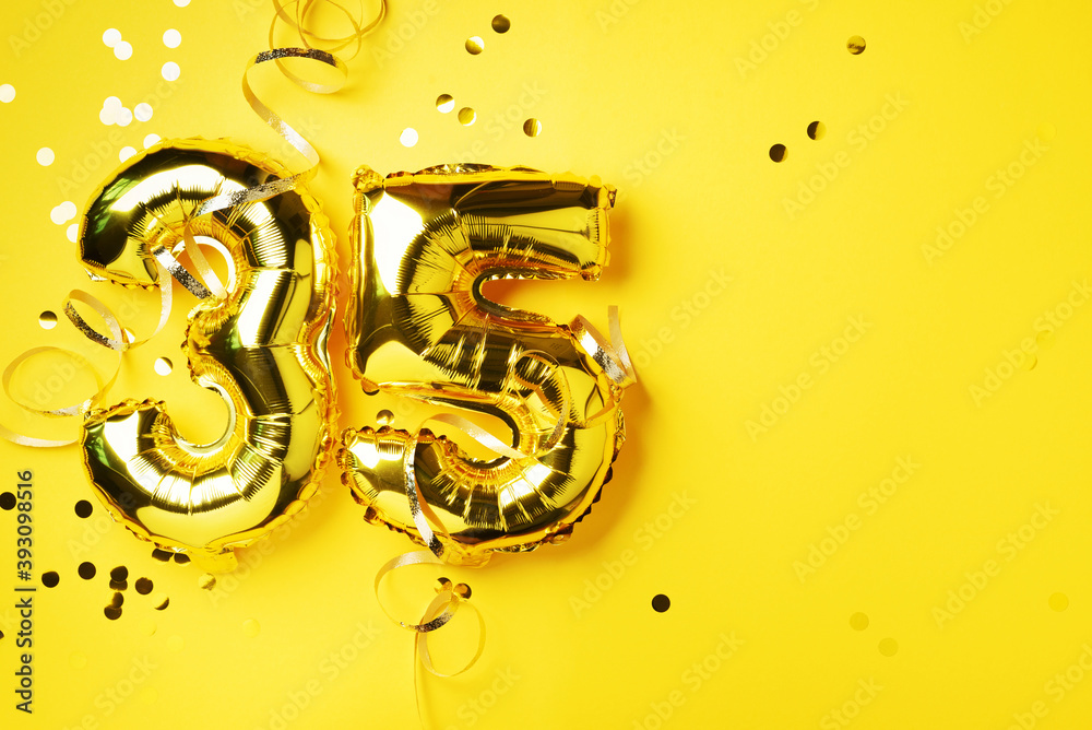 Gold foil balloon number, digit thirty-five. Birthday greeting card ...