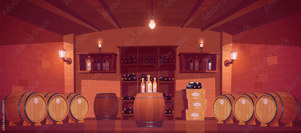 Wine shop, cellar interior with wooden barrels, shelves with glass ...