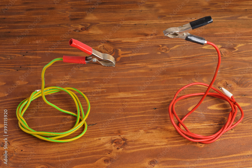 Electric wires with a crocodile tip are coiled in the shape of an ...