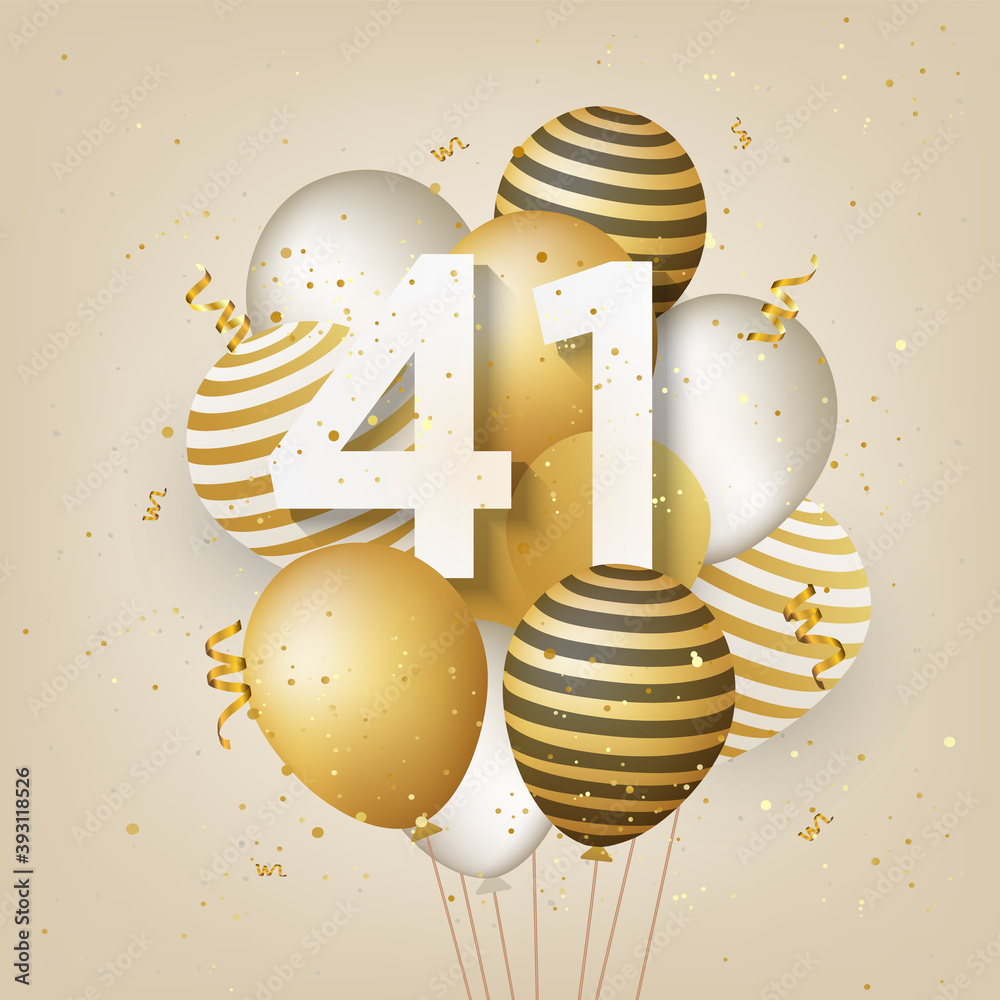 Happy 41th birthday with gold balloons greeting card background. 41 ...