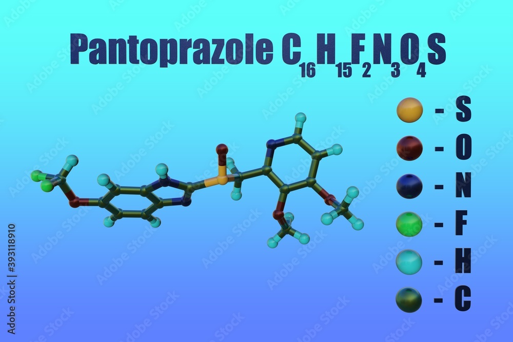 Structural chemical formula and molecular model of pantoprazole, a ...