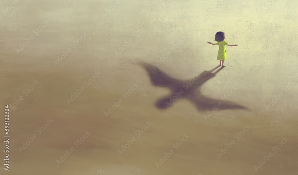 imagination artwork ,Girl with flying bird shadow , painting art ...