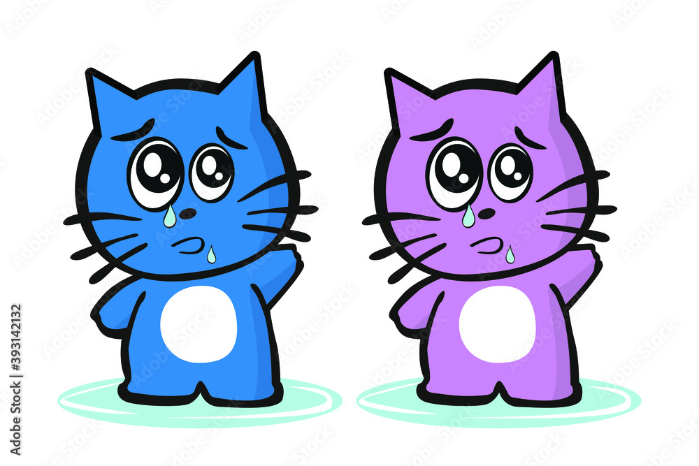 Two sad crying kitten characters with teardrops. Vector illustration on ...