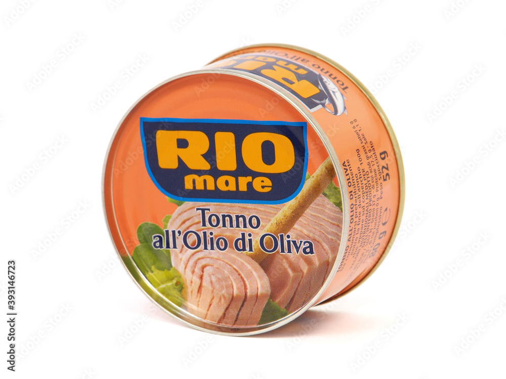 BUCHAREST, ROMANIA - OCTOBER 20, 2018. Rio Mare can of tuna fish in ...