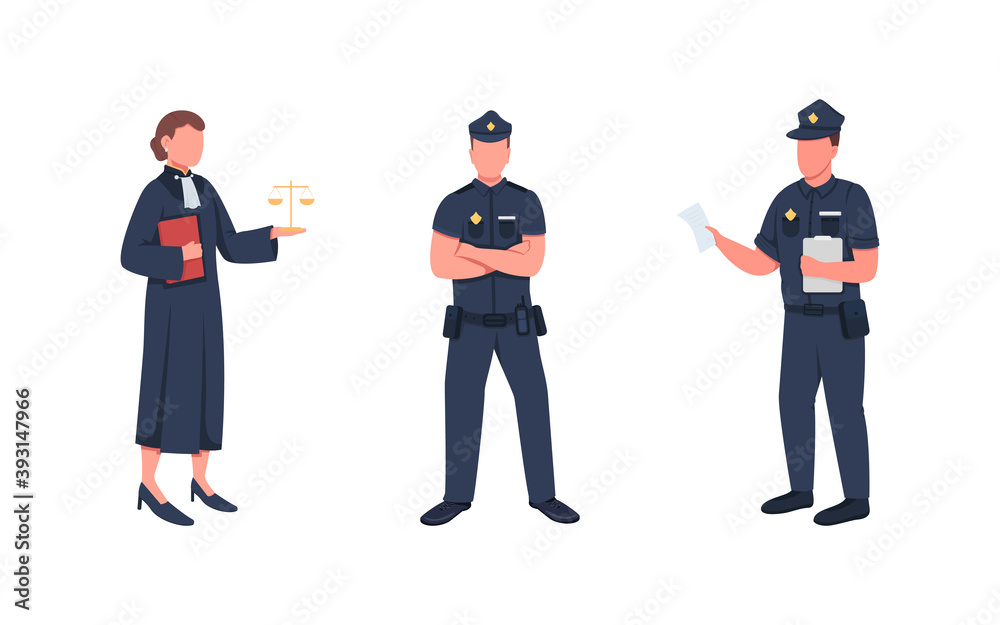 Law enforcement workers flat color vector faceless character set. Judge ...