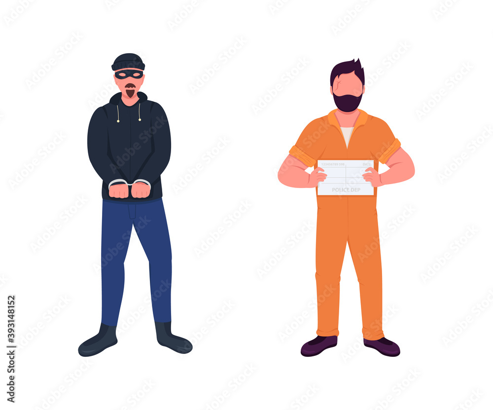 Arrested criminal flat color vector faceless character set. Robber for ...
