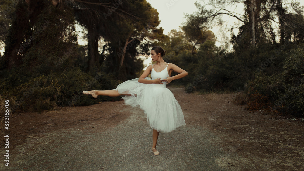 Full body talented young female ballet performer in white dress and ...