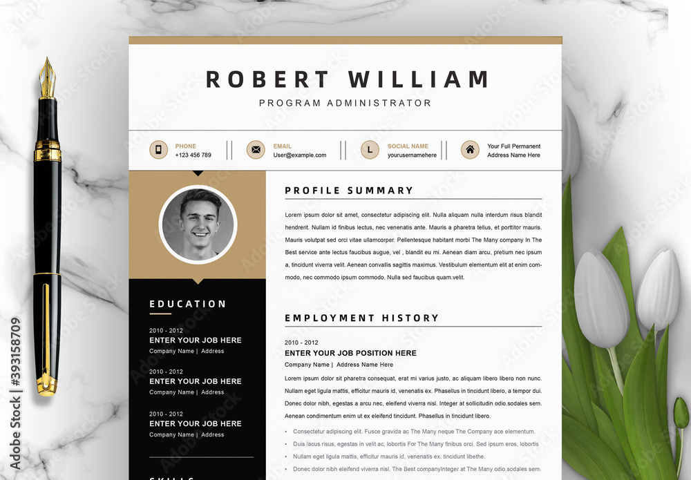 Clean and Professional Resume CV Layout with Photo Stock Template ...