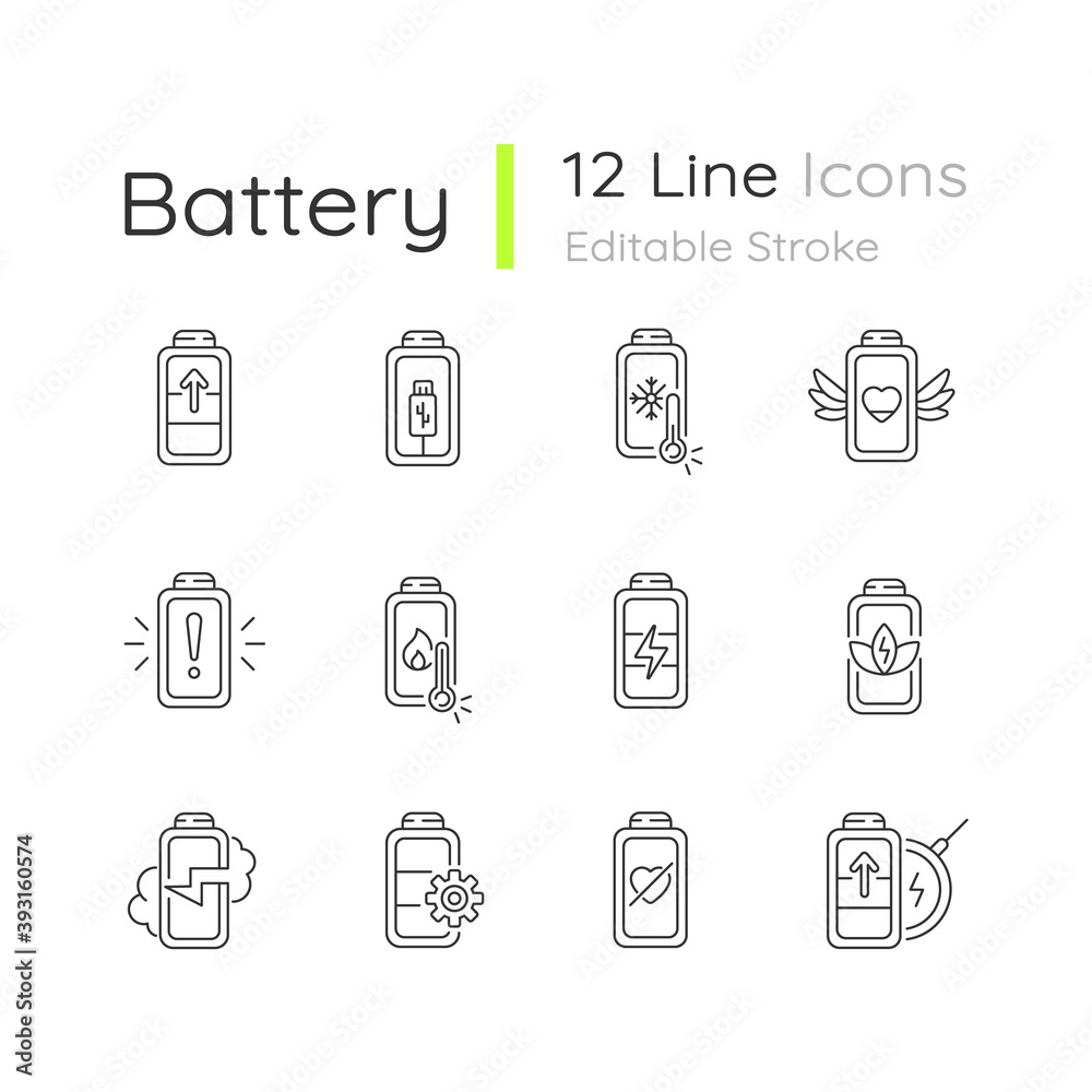 Battery status linear icons set. Innovational charging process. Using ...