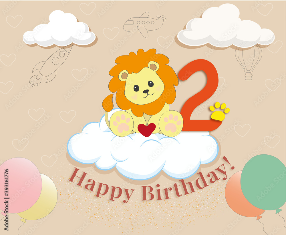 cute baby lion sitting on a cloud 2 years old gift card happy birthday ...