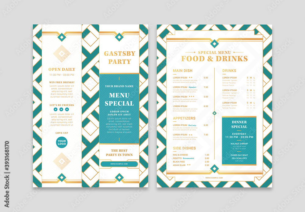 Art Deco Menu Layout in Gold and Turquoise Stock Template | Adobe Stock