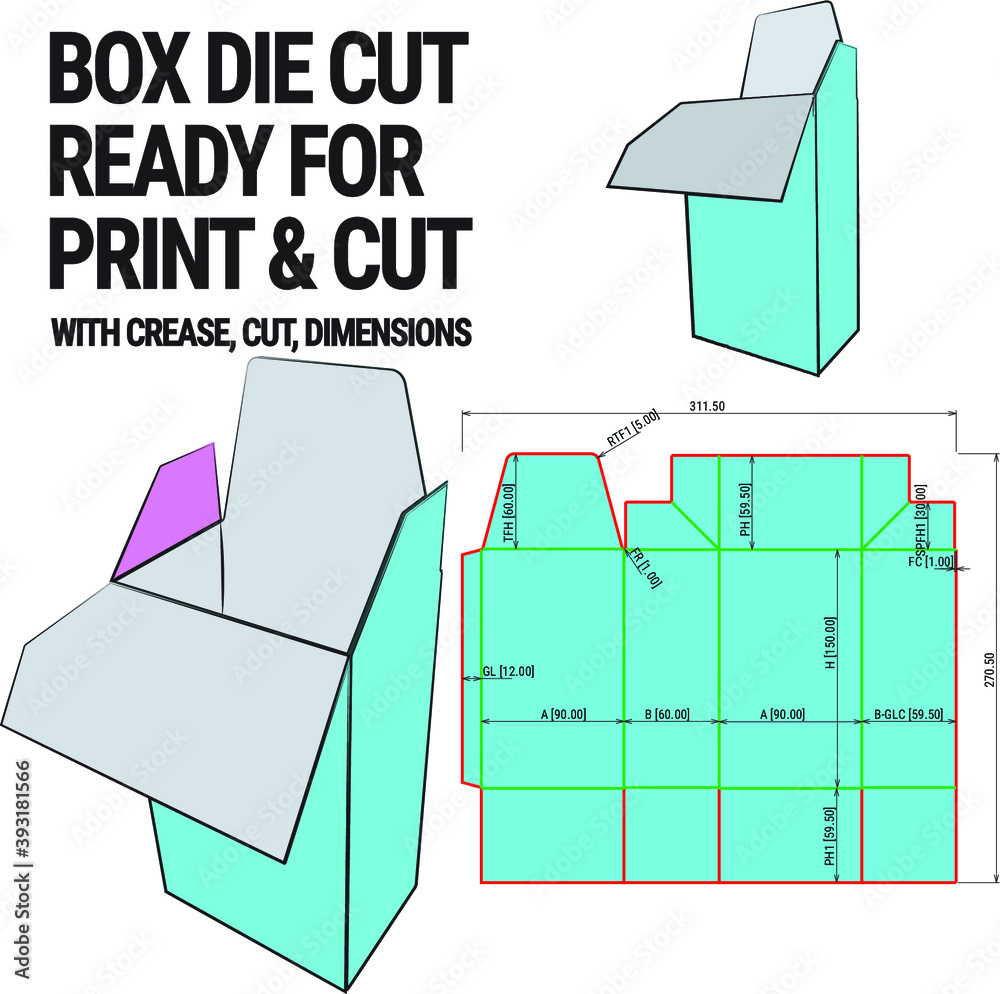 Box Die Cut Cube Template with 3D Preview organised with cut, crease ...