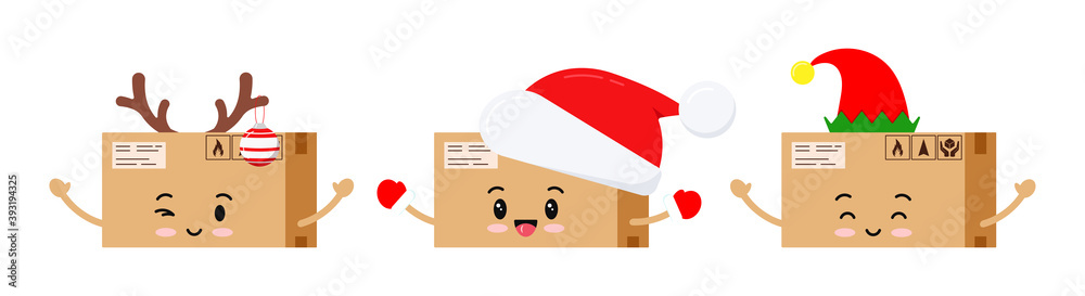 Chistmas funny parcel box character icon set isolated on white ...