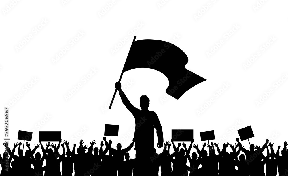 Silhouettes of people. Silhouette of man with flag and crowd of ...