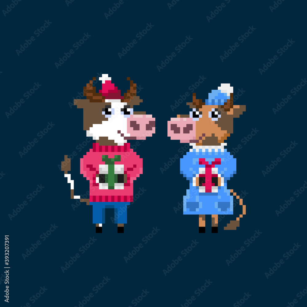 Cow pixel art on white background. Pixel cows in cute suits. Symbol of ...