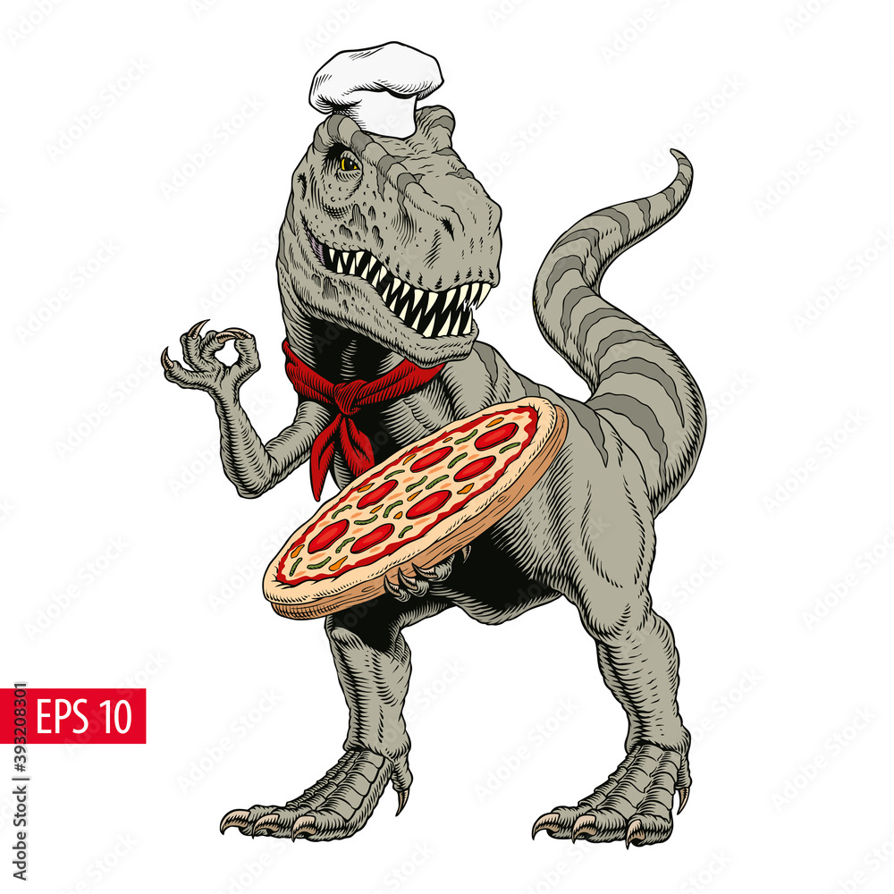 Dinosaur chef with pizza. Tyrannosaurus pizzaiolo comic style vector ...